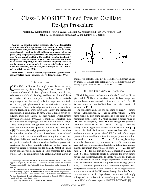 (PDF) Class-E MOSFET tuned power oscillator design procedure