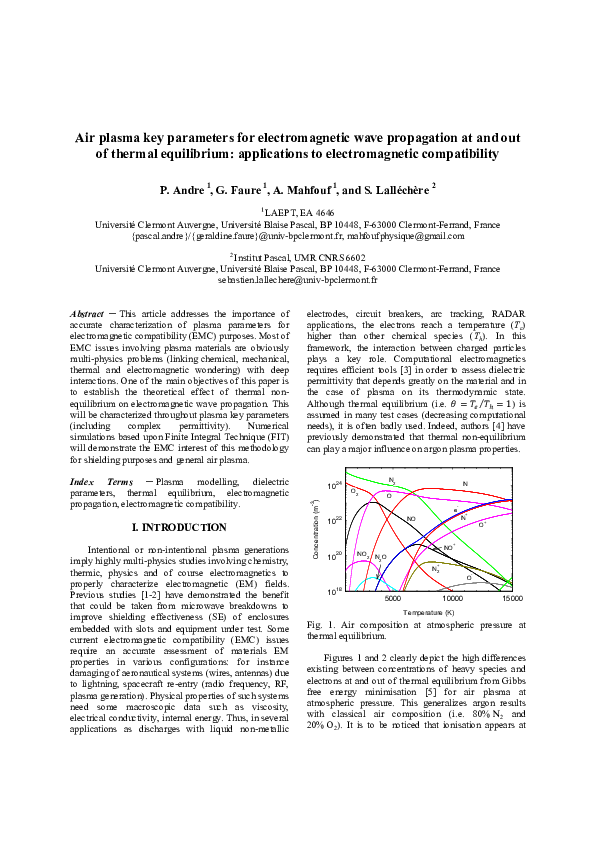 (PDF) Air plasma key parameters for electromagnetic wave propagation at and out of thermal ...