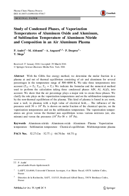(PDF) Study of Condensed Phases, of Vaporization Temperatures of Aluminum Oxide and Aluminum, of ...