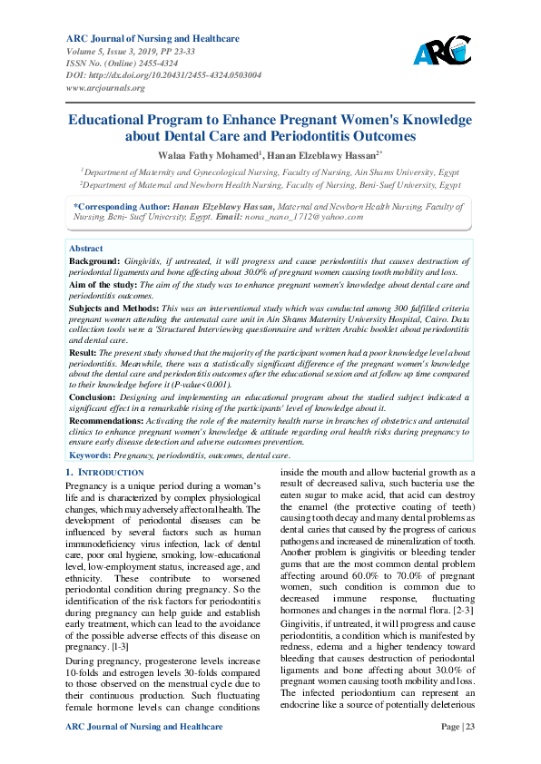 (PDF) Educational Program to Enhance Pregnant Women's Knowledge about Dental Care and ...