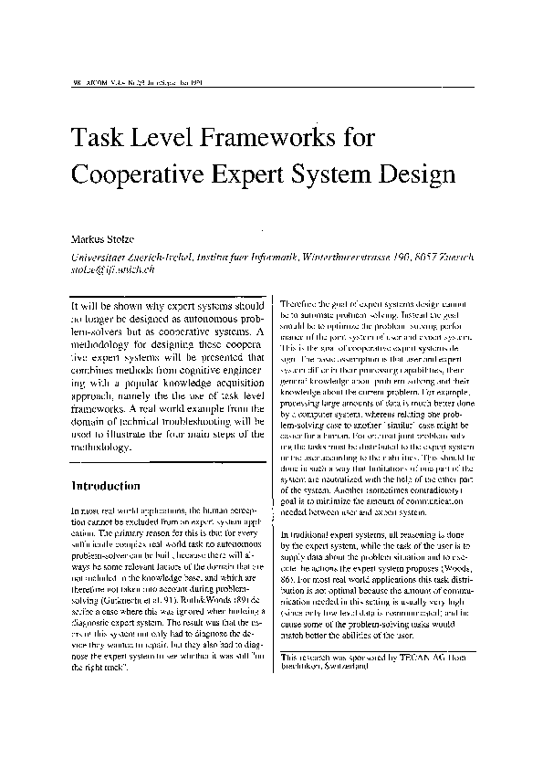 (PDF) Task Level Frameworks for Cooperative Expert System Design