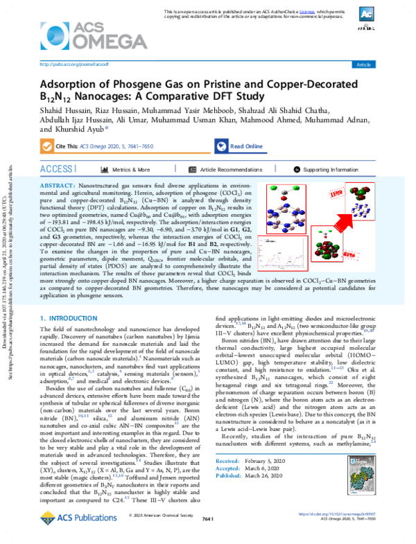 (PDF) Adsorption of Phosgene Gas on Pristine and Copper-Decorated B 12 ...