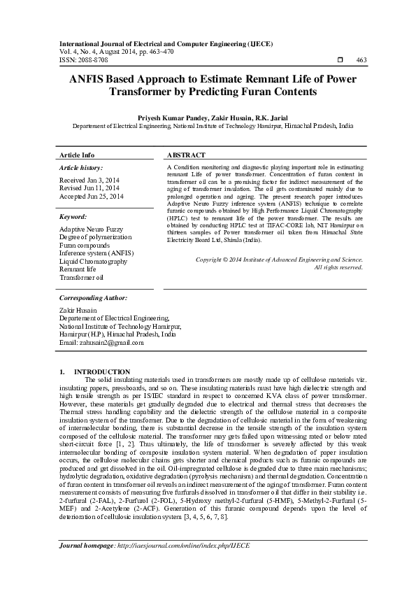 (PDF) ANFIS Based Approach to Estimate Remnant Life of Power Transformer by Predicting Furan ...