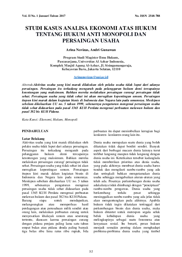 (PDF) Studi Kasus Analisa Ekonomi Atas Hukum Tentang Hukum Anti Monopoli Dan Persaingan Usaha