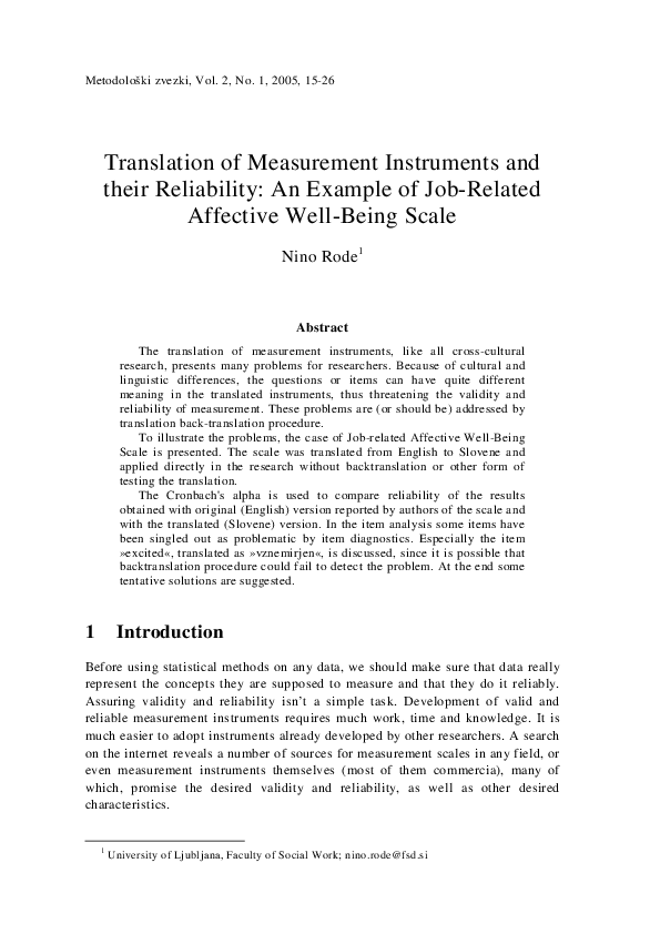 (PDF) Challenges in Translating Measurement Instruments and Reliability