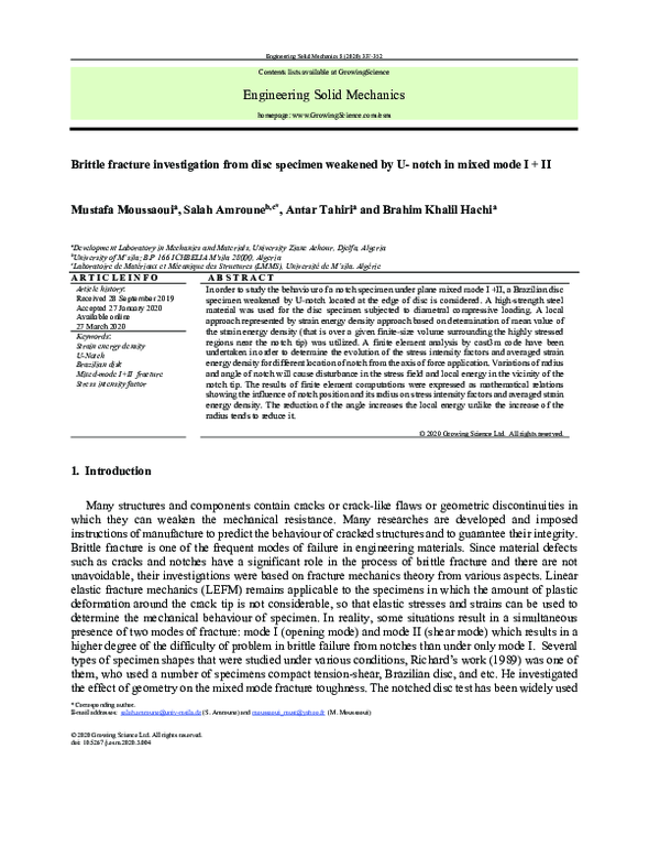 (PDF) Brittle fracture investigation from disc specimen weakened by U- notch in mixed mode I + II