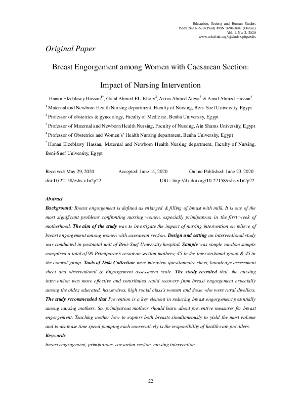 (PDF) Breast Engorgement among Women with Caesarean Section: Impact of ...