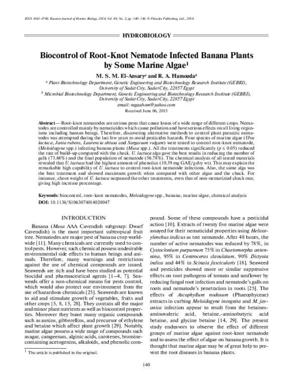 (PDF) Biocontrol of root-knot nematode infected banana plants by some marine algae