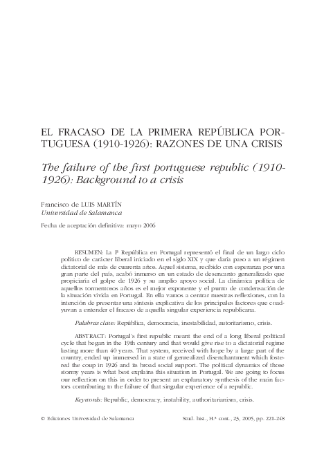 (PDF) EL FRACASO DE LA PRIMERA REPÚBLICA POR- TUGUESA (1910-1926 ...
