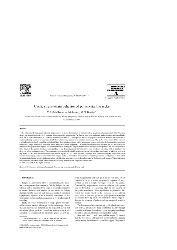 (PDF) Cyclic stress–strain behavior of polycrystalline nickel | Aezeden Mohamed - Academia.edu
