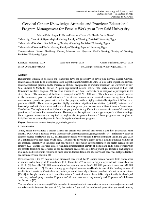 (PDF) Cervical Cancer Knowledge, Attitude, and Practices: Educational Program Management for ...