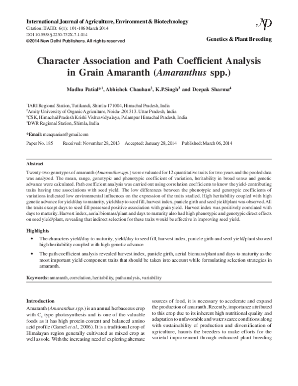 (PDF) Character Association and Path Coefficient Analysis in Grain Amaranth (Amaranthusspp.)