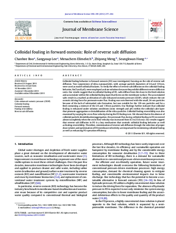 (PDF) Colloidal fouling in forward osmosis: Role of reverse salt diffusion