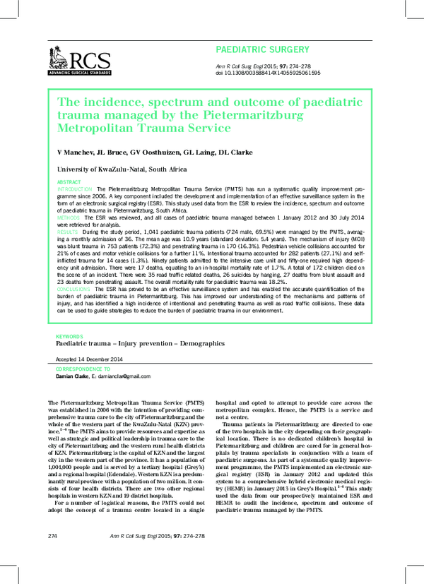 (PDF) The incidence, spectrum and outcome of paediatric trauma managed ...