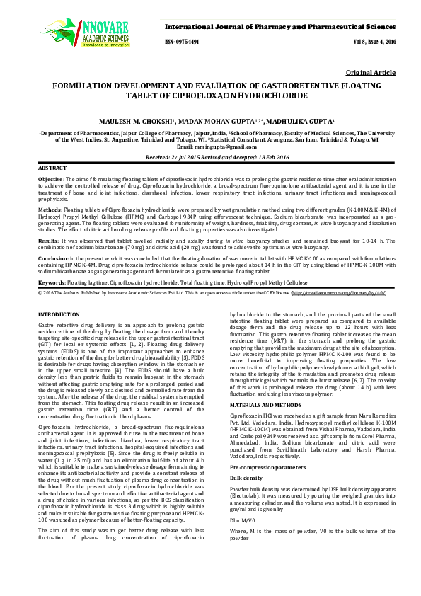 Pdf Formulation Development And Evaluation Of Gastroretentive Floating Tablet Of Ciprofloxacin