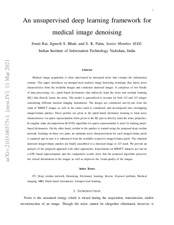 (PDF) An unsupervised deep learning framework for medical image denoising