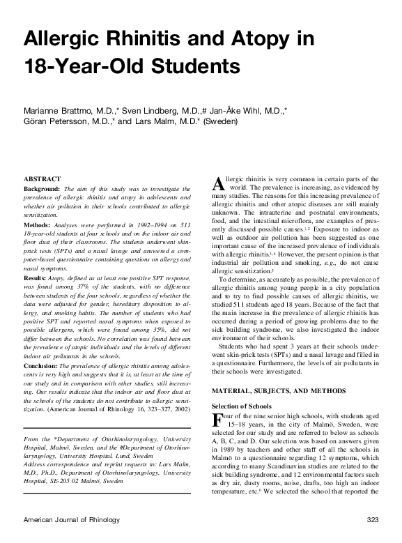 (PDF) Allergic Rhinitis and Atopy in 18-Year-Old Students | Sven ...