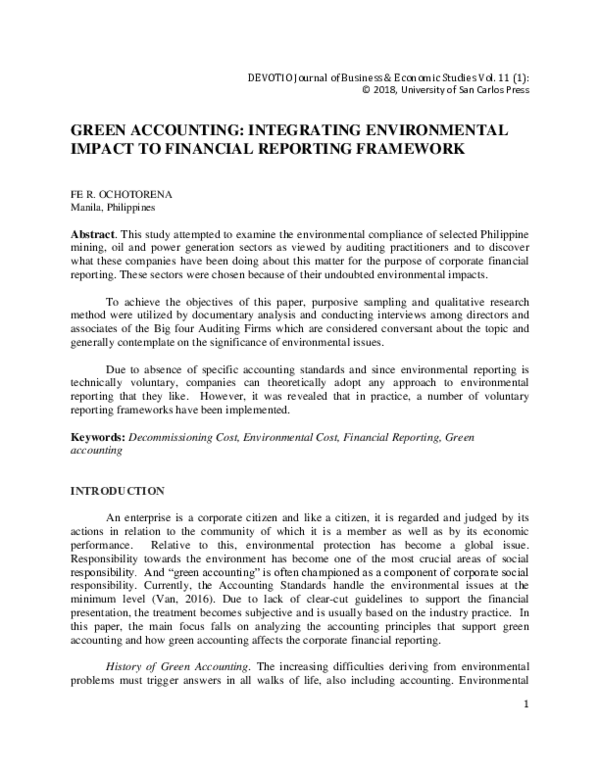 (PDF) GREEN ACCOUNTING: INTEGRATING ENVIRONMENTAL IMPACT TO FINANCIAL ...