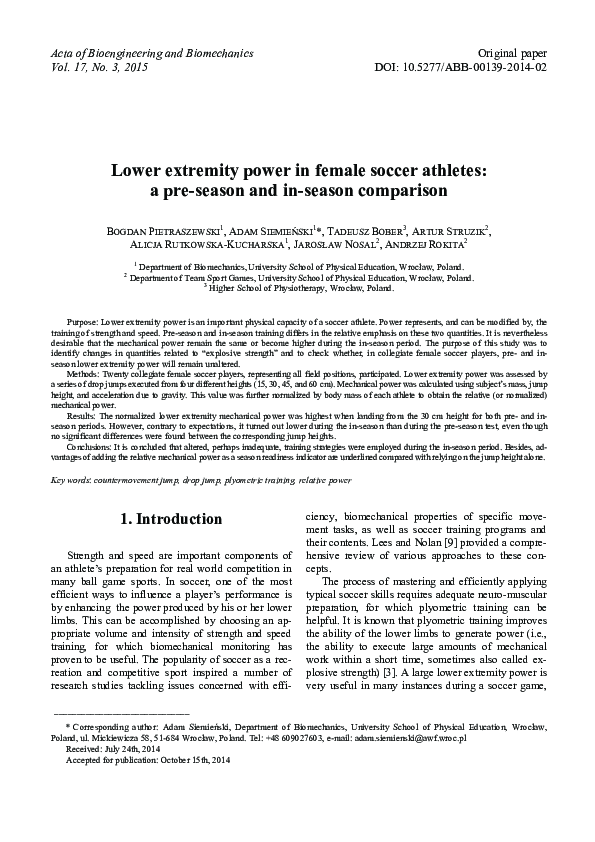 (PDF) Lower extremity power in female soccer athletes: a pre-season and ...