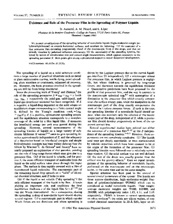 (PDF) Existence and Role of the Precursor Film in the Spreading of ...