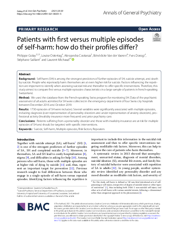 (PDF) Patients with first versus multiple episodes of self-harm: how do ...