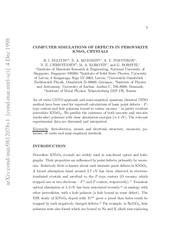 (PDF) Computer simulations of defects in perovskite KNbO 3 crystals