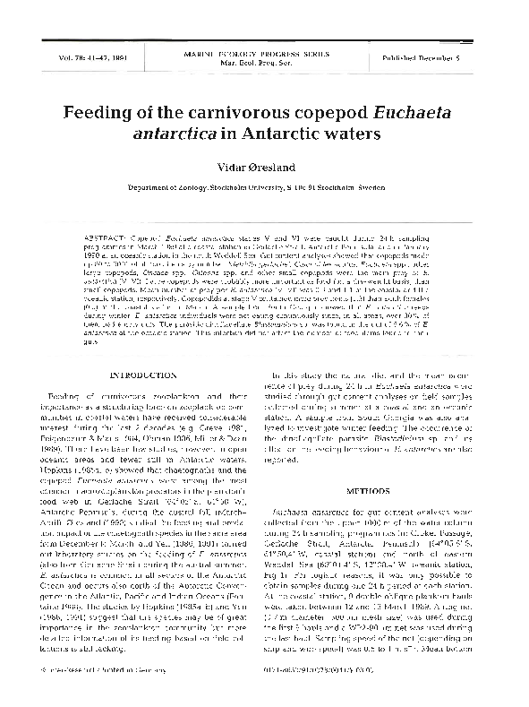 (PDF) Feeding of the carnivorous copepod Euchaeta antarcrica in ...