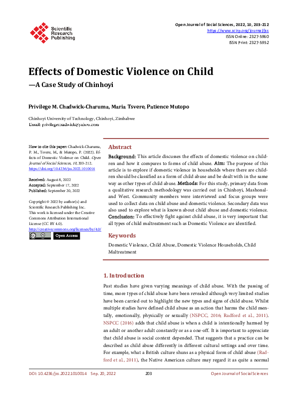 (PDF) Effects of Domestic Violence on Child—A Case Study of Chinhoyi