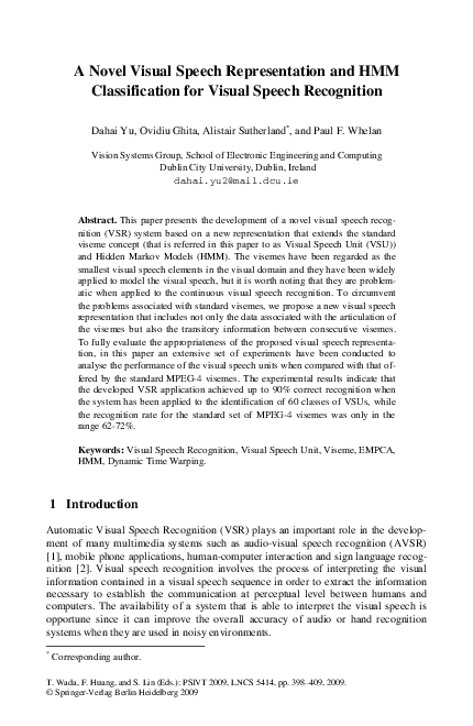 (PDF) A Novel Visual Speech Representation and HMM Classification for Visual Speech Recognition