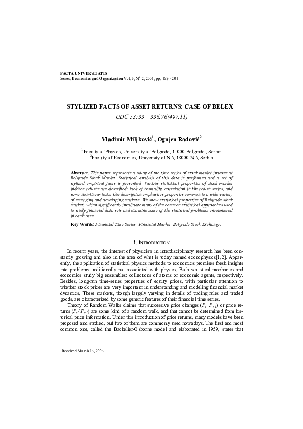 (PDF) Stylized facts of asset returns: Case of BELEX