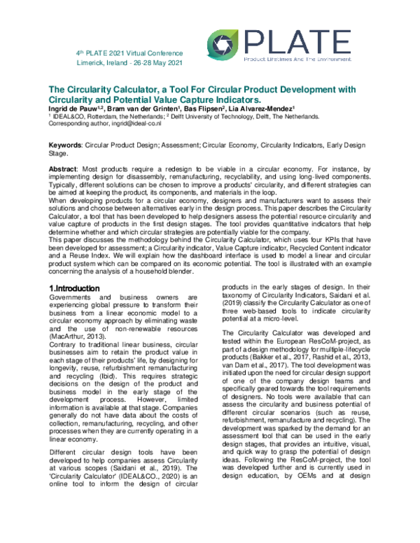 (PDF) The Circularity Calculator, a Tool For Circular Product Development with Circularity and ...