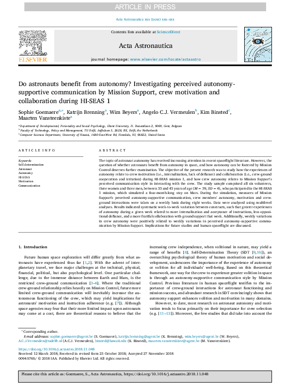 (PDF) Do astronauts benefit from autonomy? Investigating perceived ...