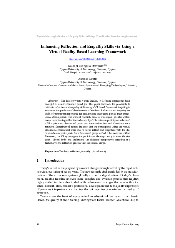 (PDF) Enhancing Reflection and Empathy Skills via Using a Virtual Reality Based Learning Framework