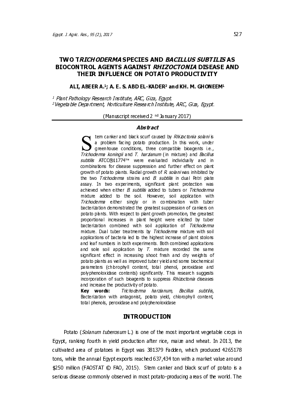Pdf Two Trichoderma Species And Bacillus Subtilis As Biocontrol Agents Against Rhizoctonia