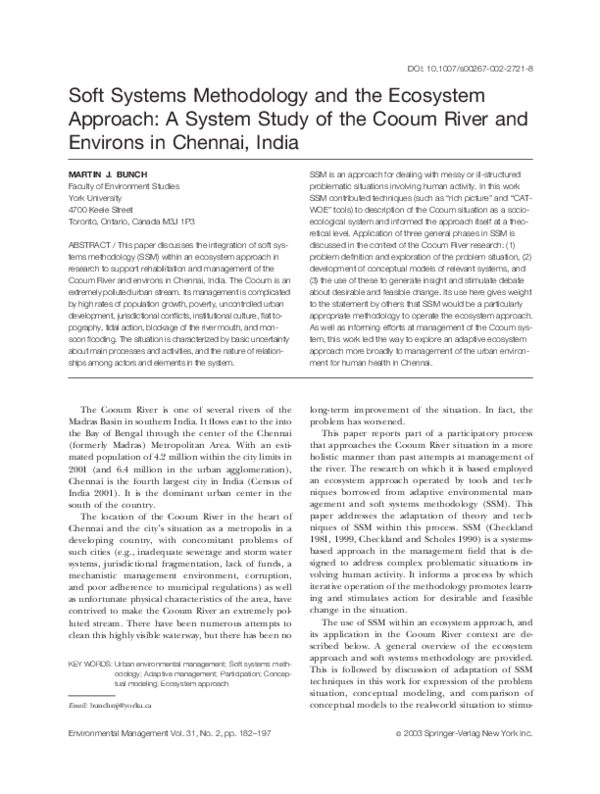 (PDF) Soft Systems Methodology and the Ecosystem Approach: A System Study of the Cooum River and ...