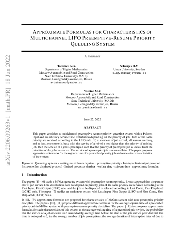 (PDF) Approximate Formulas for Characteristics of Multichannel LIFO Preemptive-Resume Priority ...