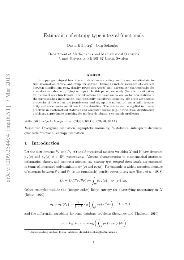 (PDF) Estimation of entropy-type integral functionals