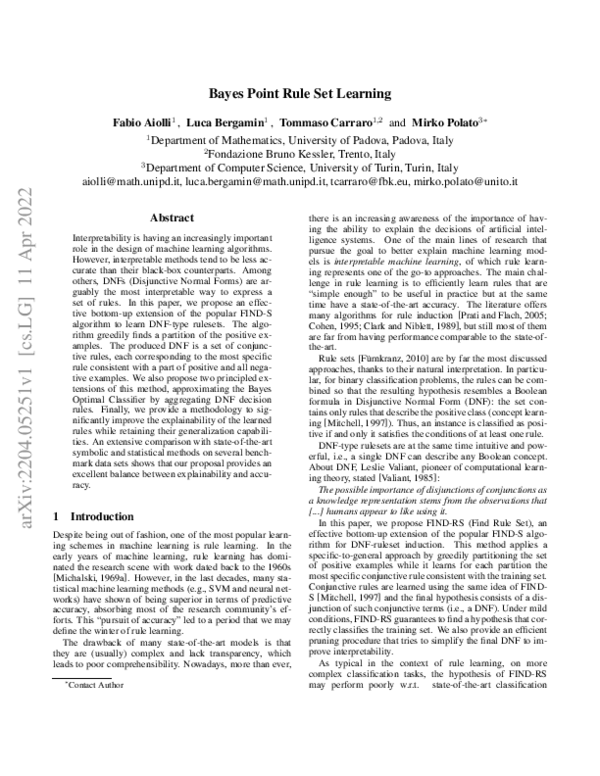 (PDF) Bayes Point Rule Set Learning | Mirko Polato - Academia.edu