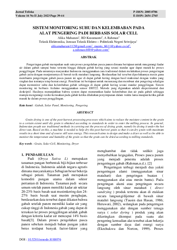 (PDF) SISTEM MONITORING SUHU DAN KELEMBABAN PADA ALAT PENGERING PADI ...