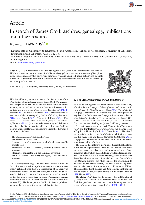 (PDF) In search of James Croll: archives, genealogy, publications and ...