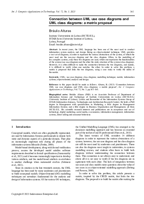Pdf Connection Between Uml Use Case Diagrams And Uml Class Diagrams A Matrix Proposal