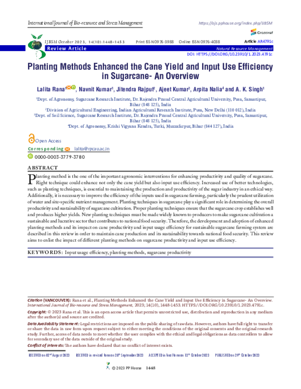 (PDF) Planting Methods Enhanced the Cane Yield and Input Use Efficiency in Sugarcane-An Overview