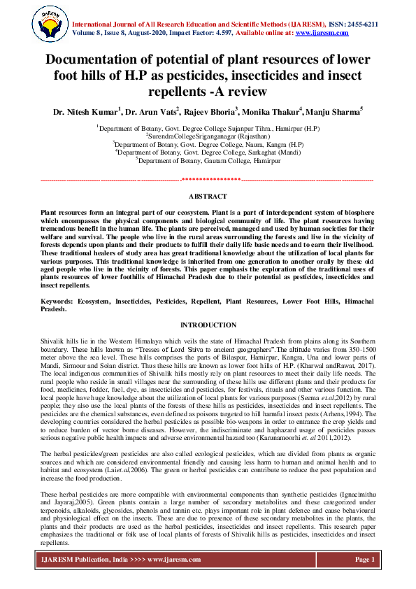 (PDF) Documentation of potential of plant resources of lower foot hills of H.P as pesticides ...