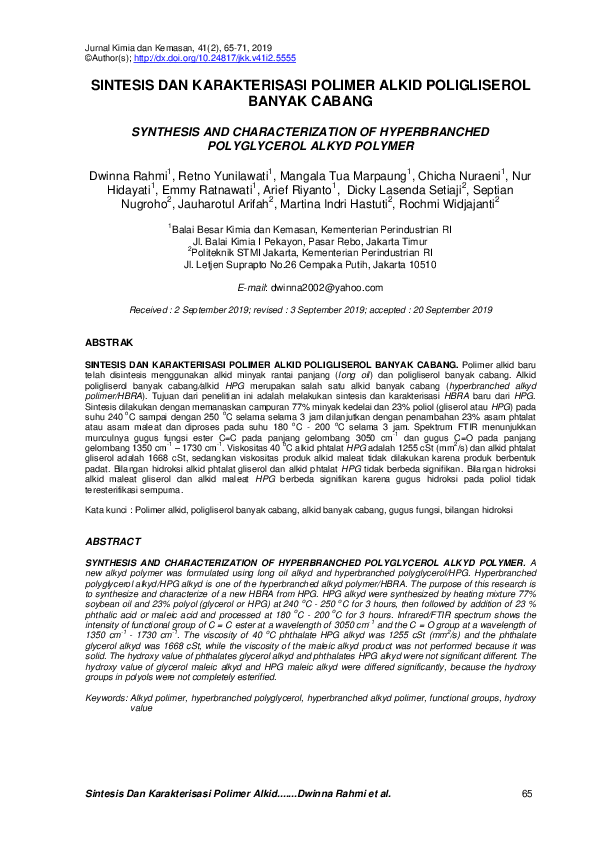 (PDF) Sintesis Dan Karakterisasi Polimer Alkid Poligliserol Banyak Cabang