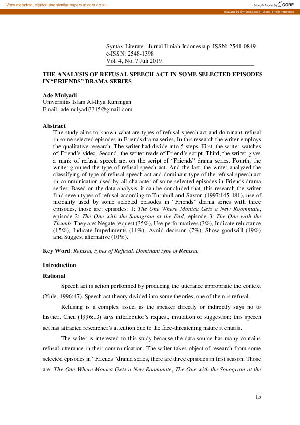 (PDF) The Analysis Of Refusal Speech Act In Some Selected Episodes In ...