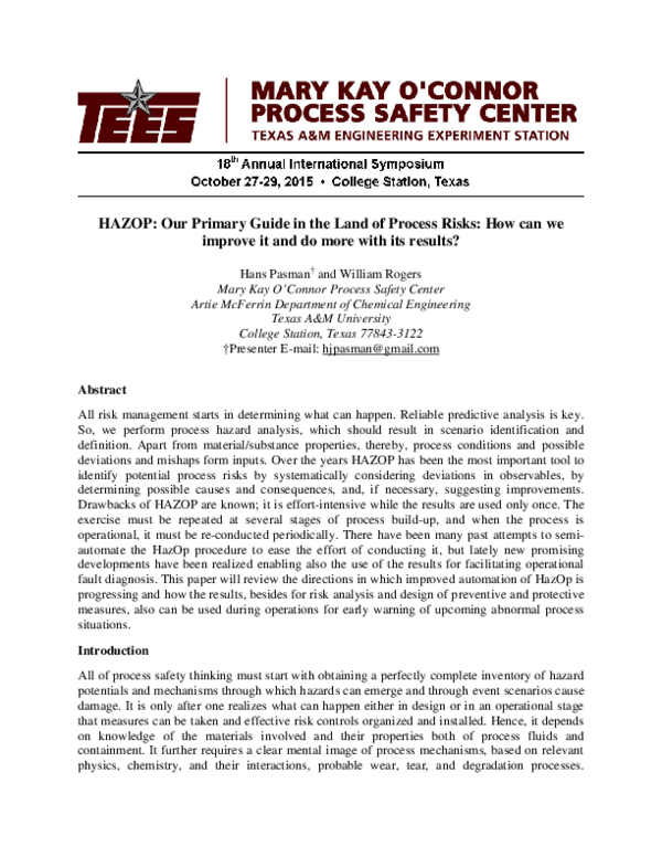 (PDF) HAZOP: Our Primary Guide in the Land of Process Risks: How can we ...