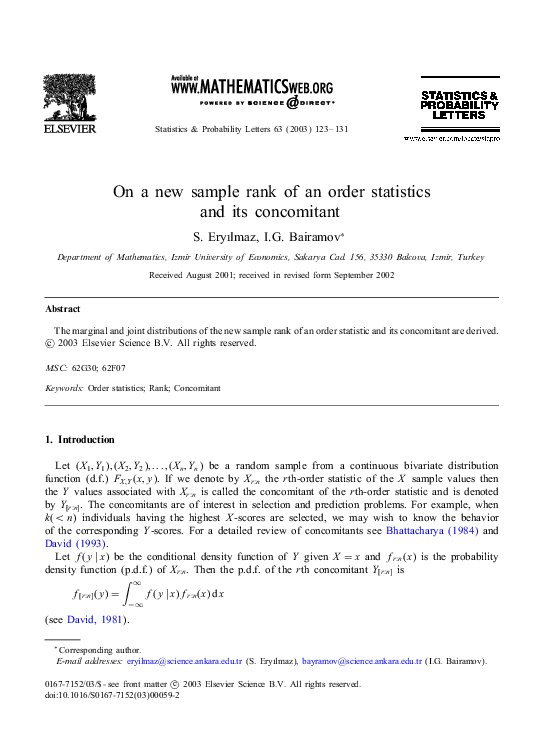 (PDF) On a new sample rank of an order statistics and its concomitant