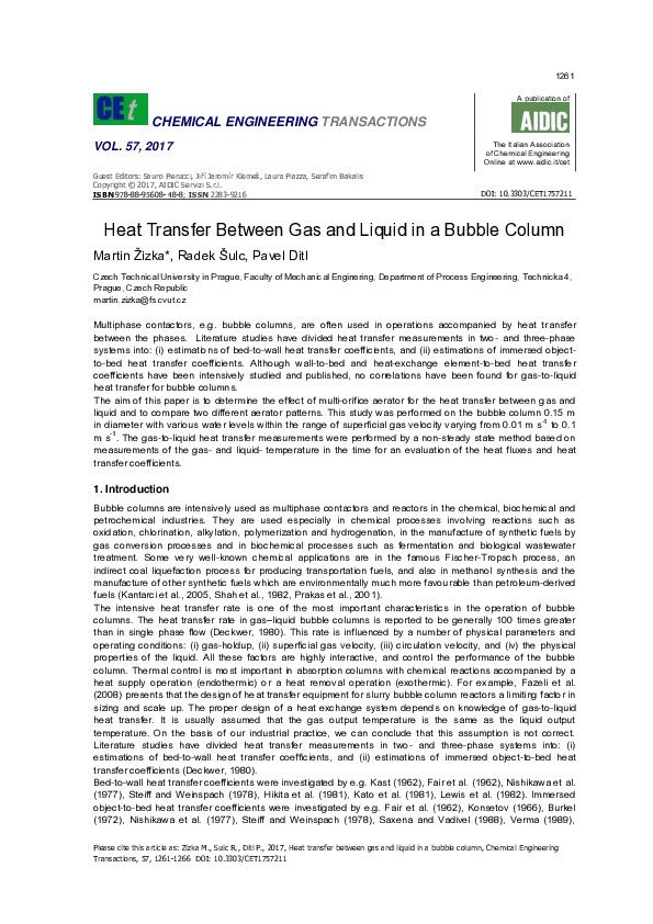 (PDF) Heat Transfer Between Gas and Liquid in a Bubble Column