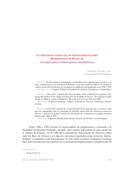 (PDF) La identidad dialectal de Fañanás/Fañanars (Somontano Huesca ...