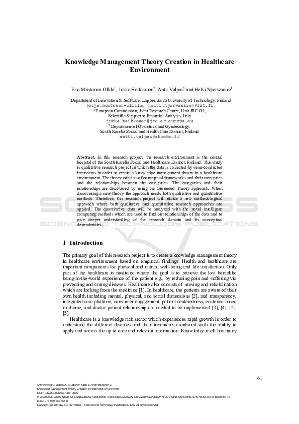 (PDF) Knowledge Management Theory Creation in Healthcare Environment